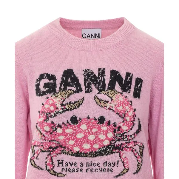 GANNI Logo Wool Sweater With Crab Print - Pink
