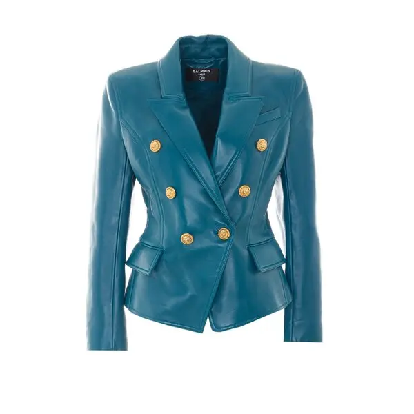 Balmain Six-button Double-breasted Leather Jacket - Blue