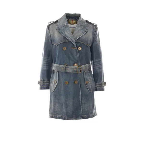 Burberry Coated Denim Short Trench With Check Lining - Blue