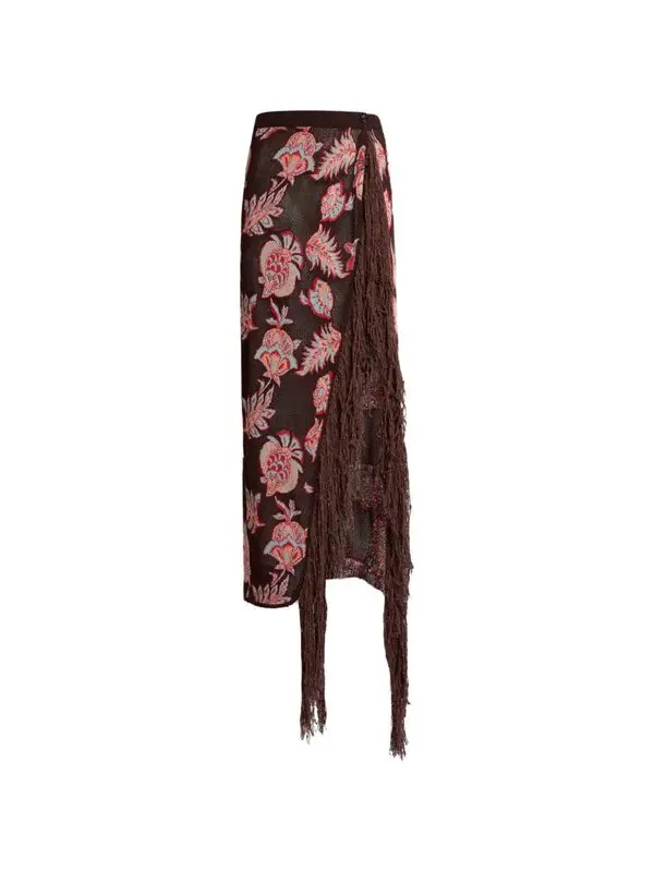 Etro Long Cotton Blend Jacquard Skirt With Fringe And Floral Pattern - Brown