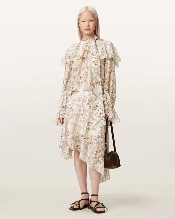ALLSAINTS Heba Floral Organza Linen Blend Midi Skirt - White