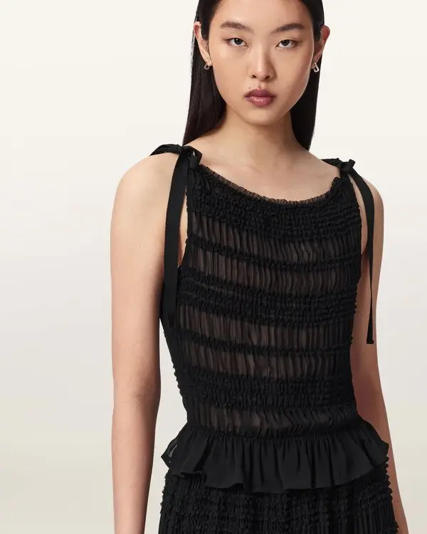 ALLSAINTS Lotus Shirred Boat Neck Top - Black