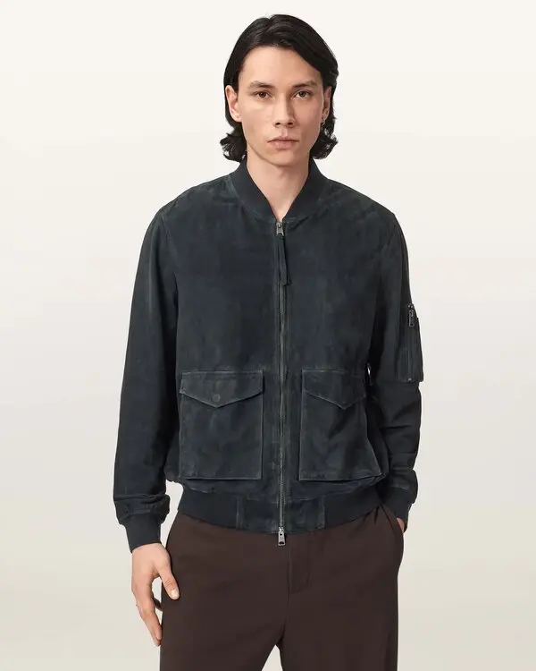 ALLSAINTS Rokko Relaxed Suede Bomber Jacket - Blue