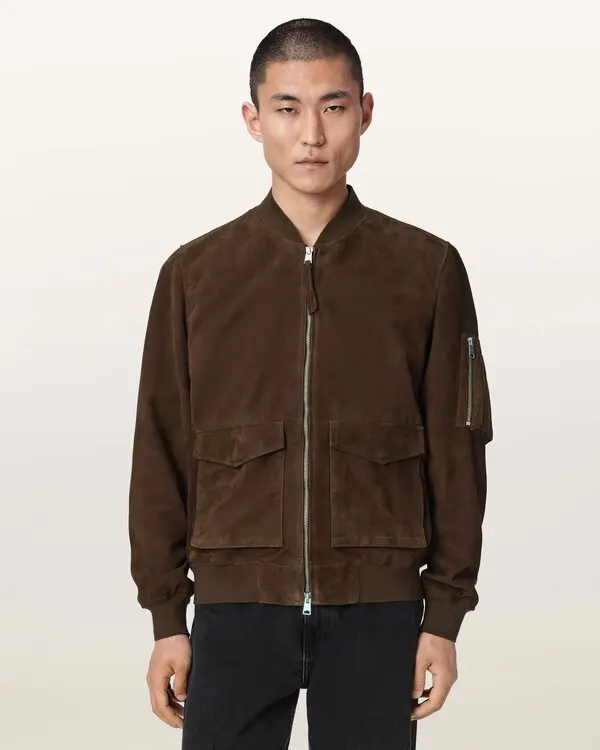 ALLSAINTS Rokko Relaxed Suede Bomber Jacket - Brown