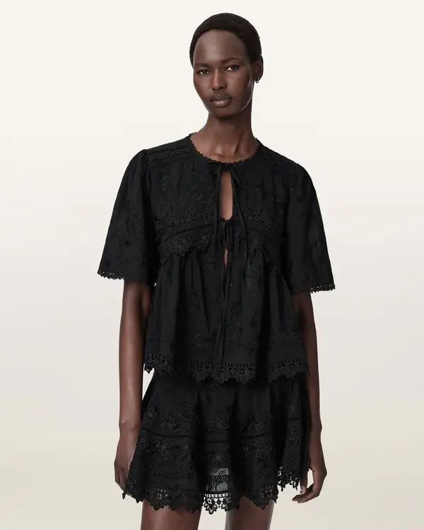 ALLSAINTS Lillith Embroidered Short Sleeve Top - Black
