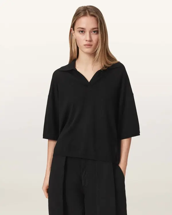ALLSAINTS Bern Short Sleeve Woven Wool Polo - Black