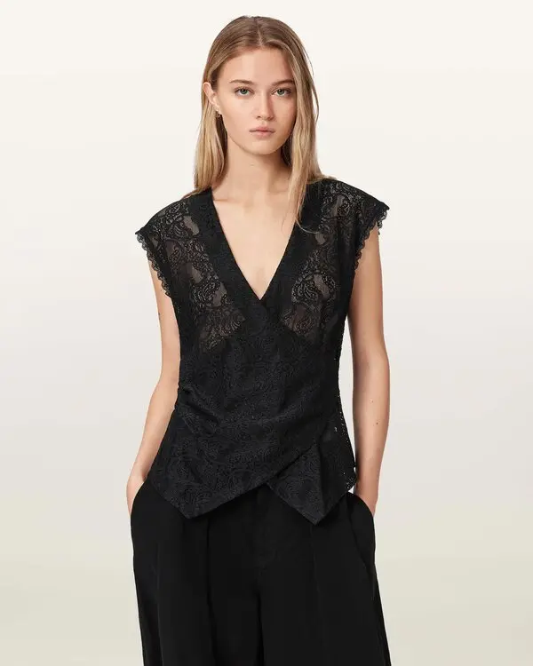 ALLSAINTS Vera Sleeveless Lace Wrap Blouse - Black