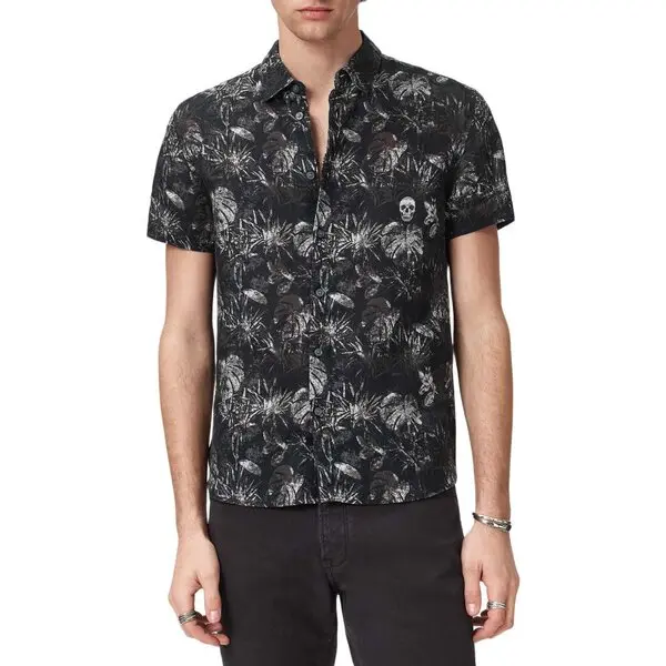 John Varvatos Sean Leaf Print Short Sleeve Linen Button-up Shirt - Black