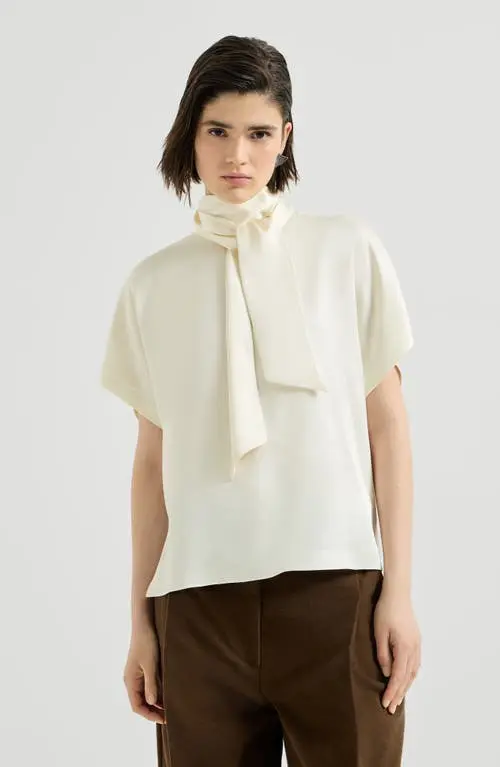 Brunello Cucinelli Silk Satin High-neck T-shirt With Monili - Fog