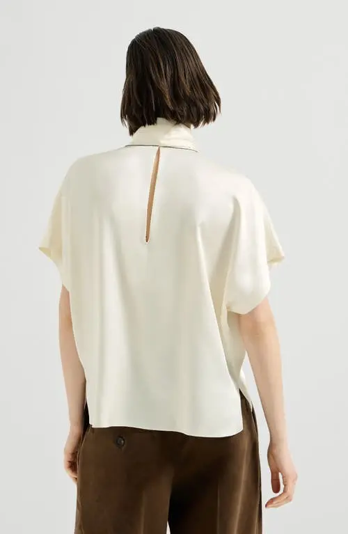 Brunello Cucinelli Silk Satin High-neck T-shirt With Monili - Fog