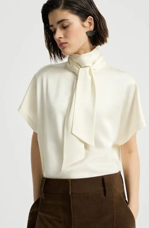 Brunello Cucinelli Silk Satin High-neck T-shirt With Monili - Fog