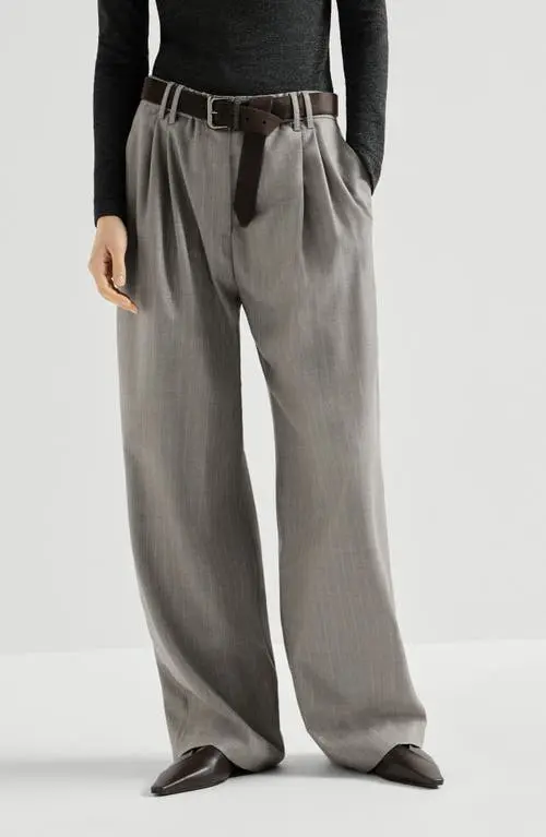 Brunello Cucinelli Sparkling Virgin Wool Pinstripe Track Trousers With Monili - Silver