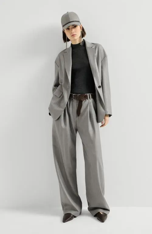 Brunello Cucinelli Virgin Wool Pinstripe Track Trousers With Monili Embellishment - Silver