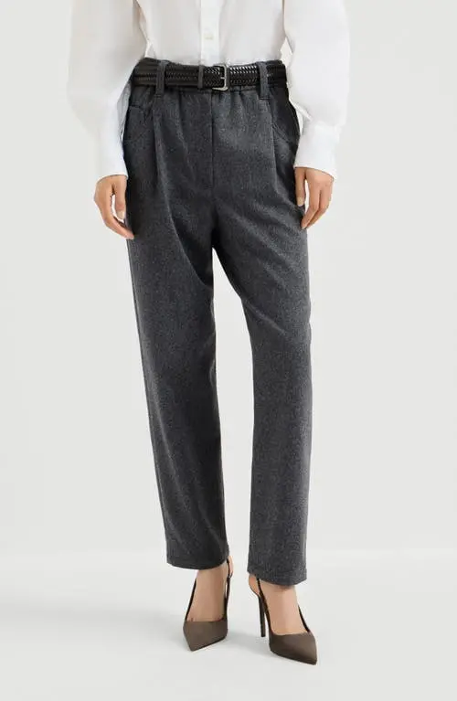 Brunello Cucinelli Wool Flannel Baggy Trousers With Monili - Anthracite