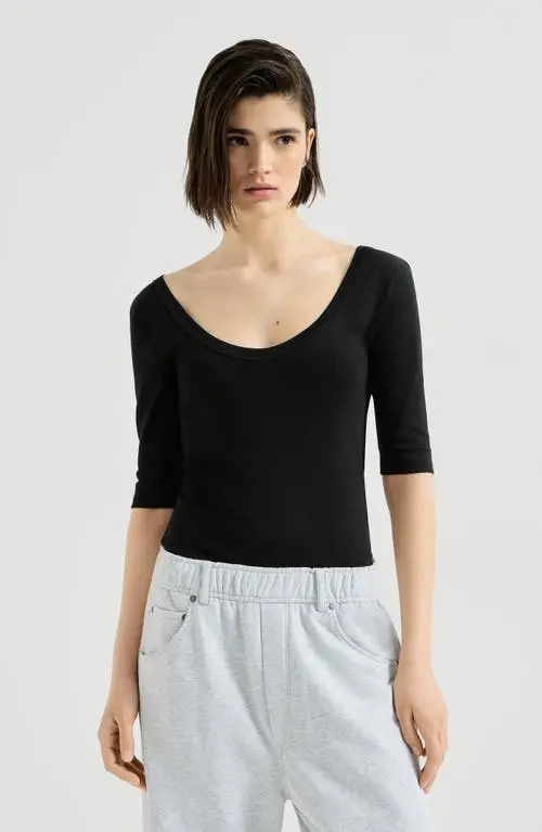 Brunello Cucinelli Stretch Cotton Ribbed Jersey T-shirt With Monili - Black