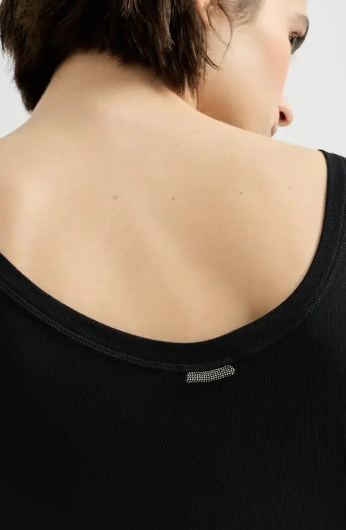 Brunello Cucinelli Ribbed Stretch Cotton T-shirt With Monili - Black
