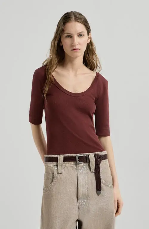 Brunello Cucinelli Stretch Cotton Ribbed Jersey T-shirt With Monili - Wine