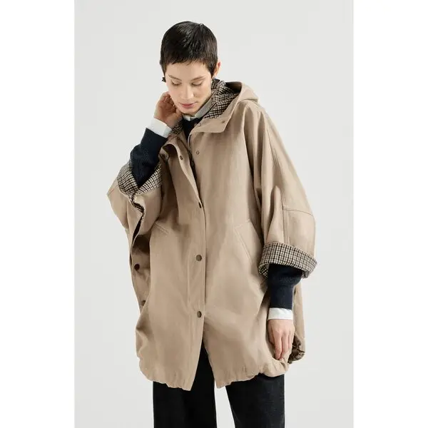 Brunello Cucinelli Cotton And Linen Twill Hooded Outerwear Jacket With Monili - Camel