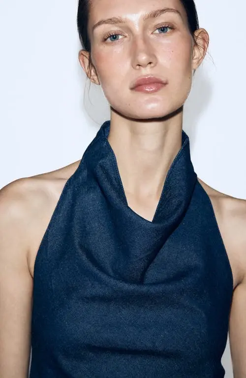 Mango Cowl Halter Neck Open Back Denim Top