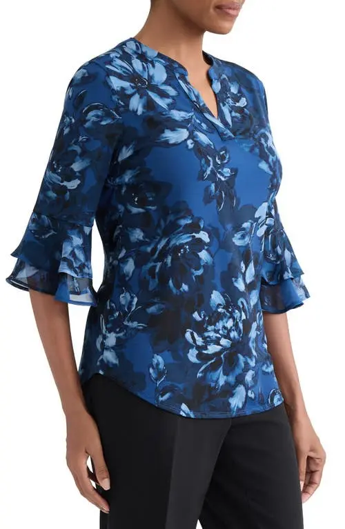 KASPER Floral Print Ruffled Cuff Top