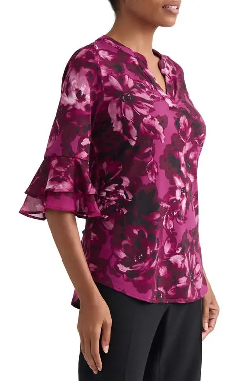 KASPER Floral Print Ruffled Cuff Top - Cerise Multi