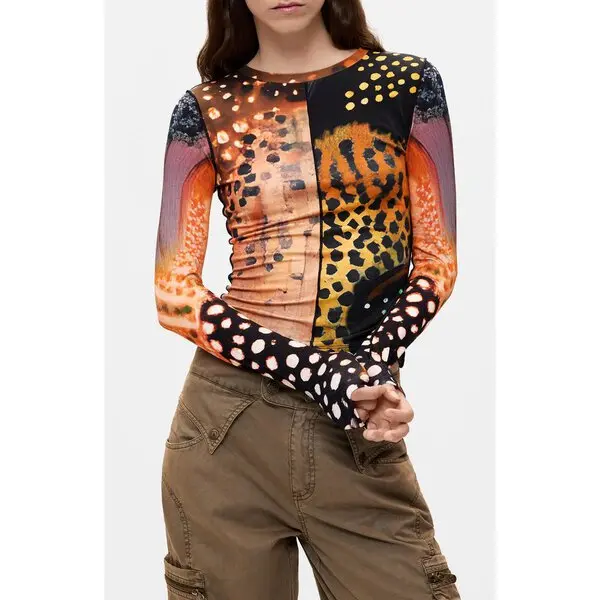 Desigual Printed Long Sleeve Crewneck Top - Orange Multi