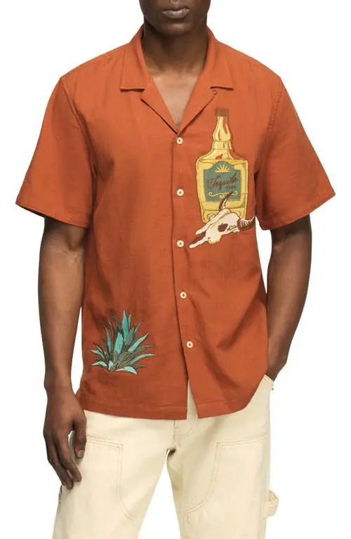 Lucky Brand Tequila & Cow Skull Embroidered Slub Cotton Camp Shirt - Ginger Bread