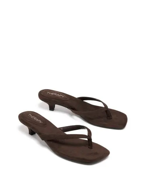 THERAPY AUSTRALIA Heatwave Square Toe Thong Heel - Chocolate Microsuede
