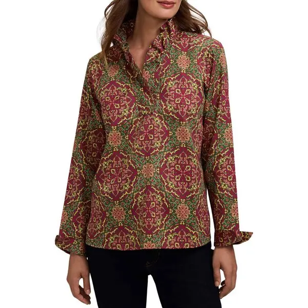Foxcroft Tammy Medallion Print Ruffle Collar Cotton Top