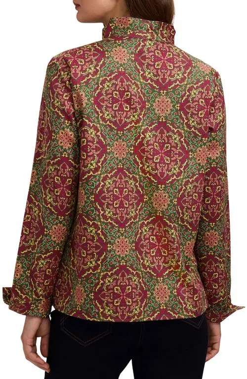 Foxcroft Tammy Medallion Print Ruffle Collar Cotton Top