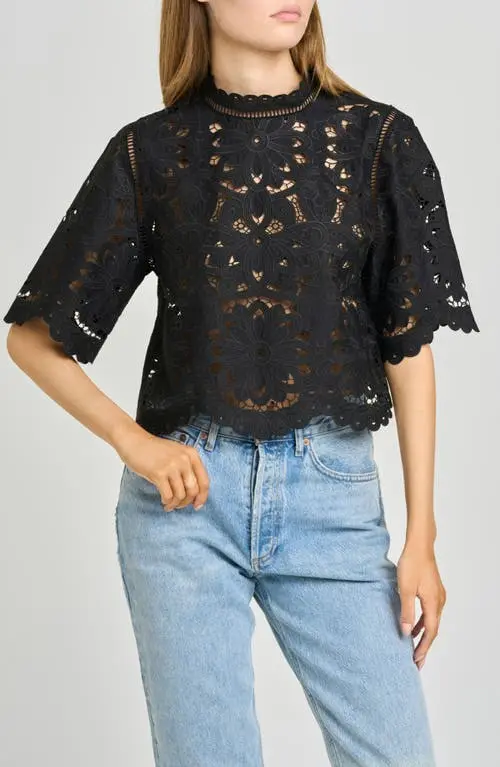WAYF Floral Embroidered Mock Neck Top - Black