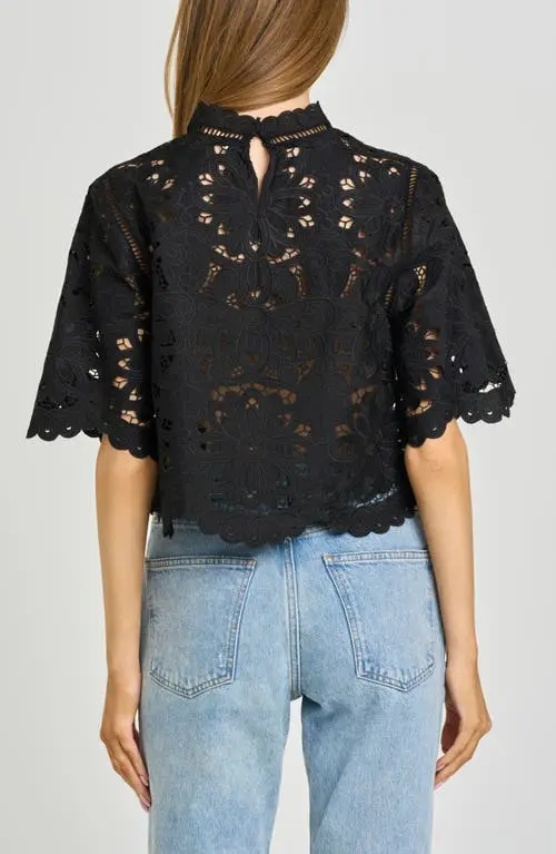 WAYF Floral Embroidered Mock Neck Top - Black