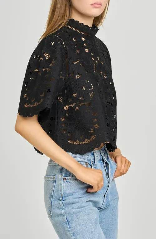 WAYF Floral Embroidered Mock Neck Top - Black