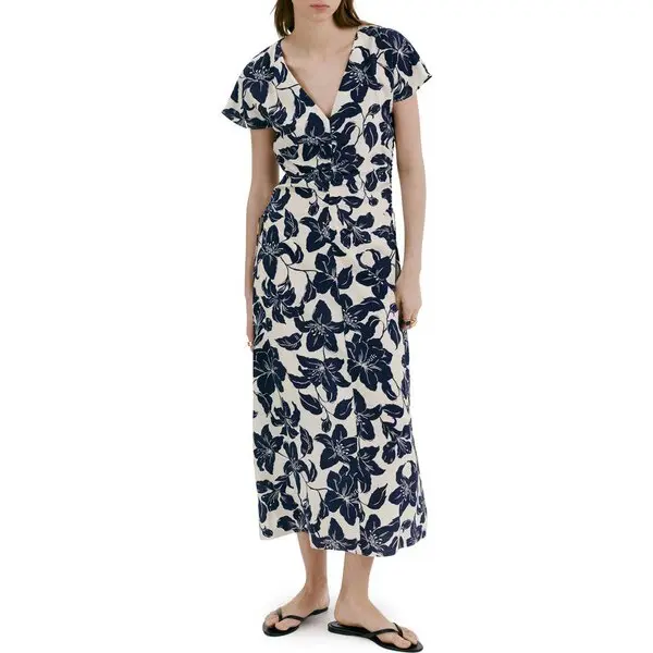 Mango Print Side Ruched Maxi Dress - Ecru