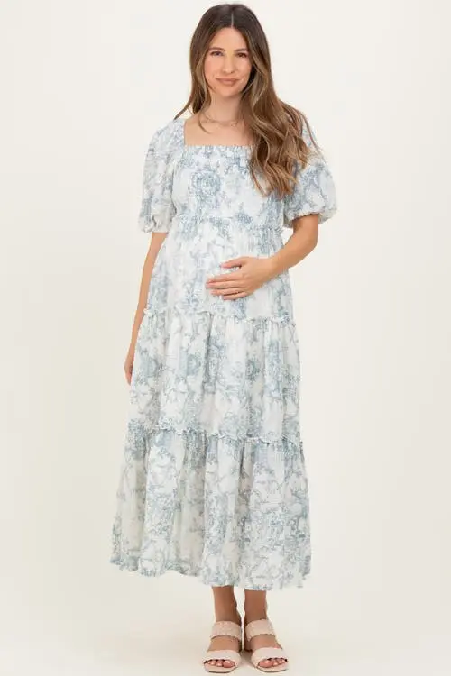PINKBLUSH Vintage Floral Puff Sleeve Tiered Maxi Dress - Blue