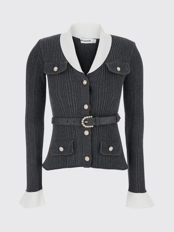 SELF-PORTRAIT Ribbed Wool-blend Belted Lapel Cardigan - Grey