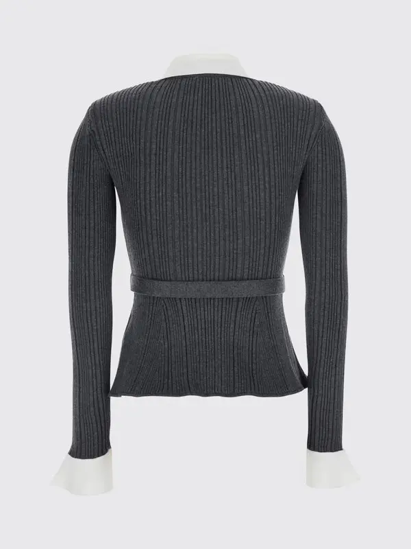 SELF-PORTRAIT Ribbed Wool-blend Belted Lapel Cardigan - Grey