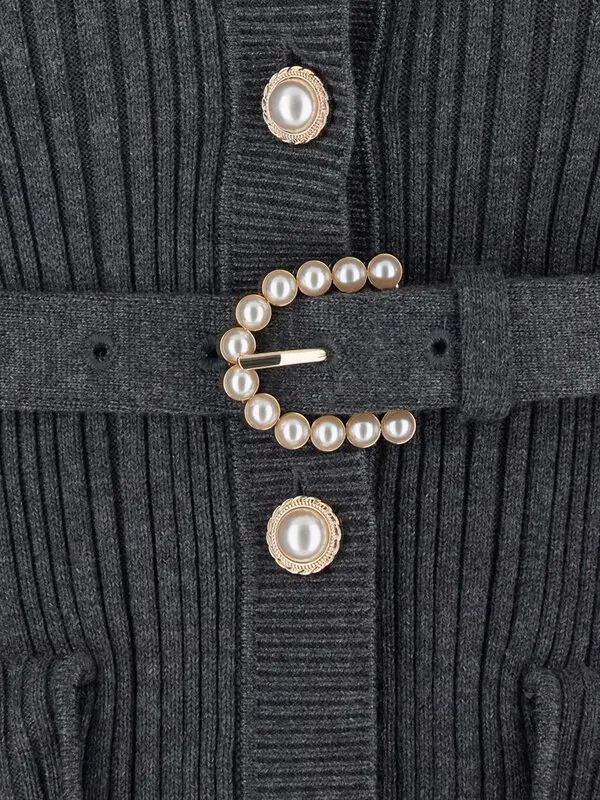 SELF-PORTRAIT Ribbed Wool-blend Belted Lapel Cardigan - Grey