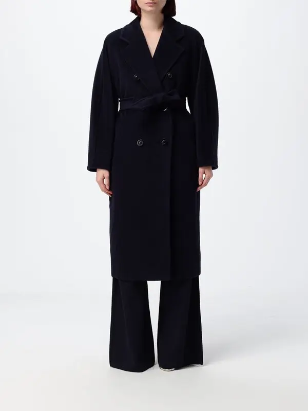Max Mara Madame Double-breasted Long Wool Coat With Belt - Navy
