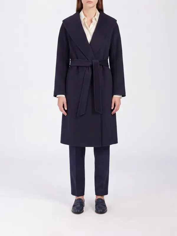 Max Mara Belted Virgin Wool Robe Coat With Shawl Collar - Blue