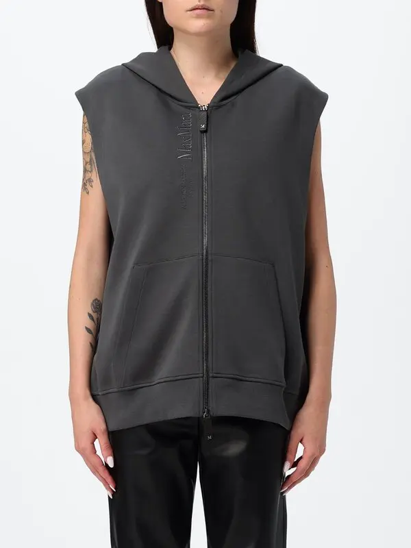 Max Mara Sleeveless Hooded Cotton Sweatshirt With Embroidered Logo - Grey