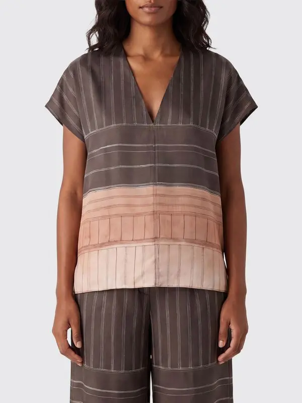ALYSI Striped Silk Blouse With V-neck And Short Sleeves - Brown
