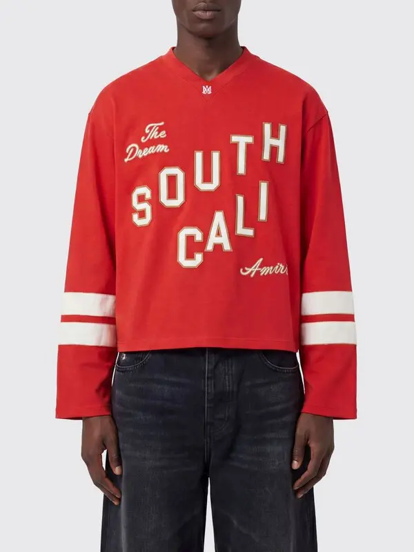 Amiri Long-sleeved V-neck Cotton T-shirt With Slogan Print - Red