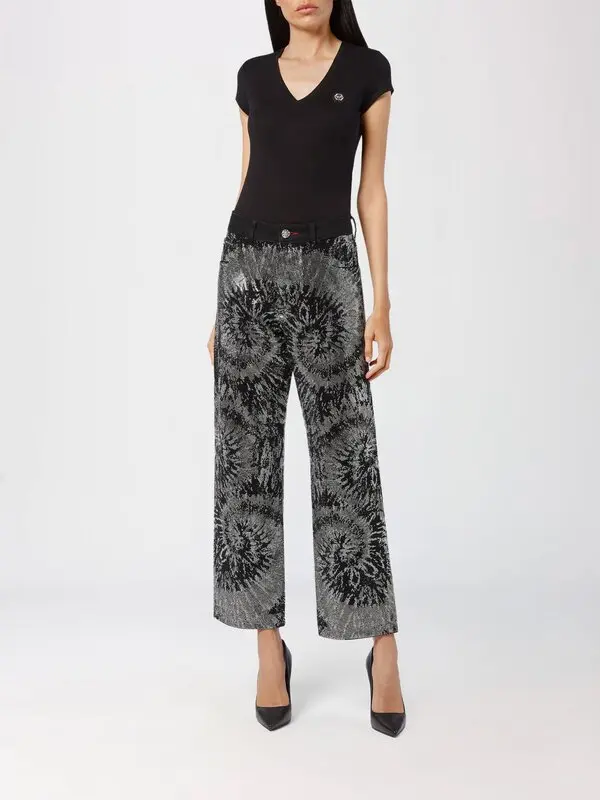 Philipp Plein Wide Leg Cropped Stretch Denim Jeans With Crystals
