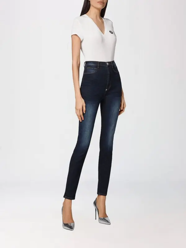 Philipp Plein High-waisted Cropped Skinny Stretch Jeans With Used Effect - Blue