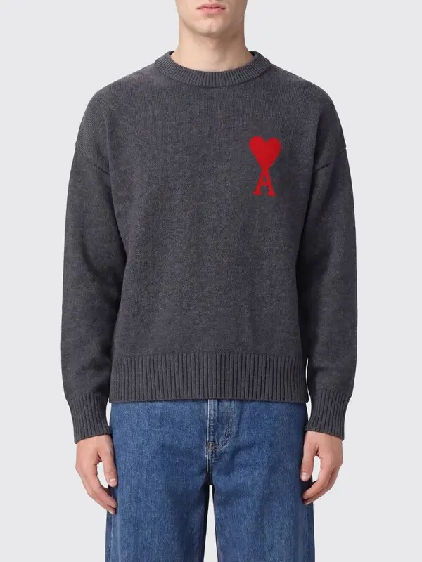 AMI Paris Crewneck Wool Jumper With Contrast Embroidered De Coeur Logo - Grey