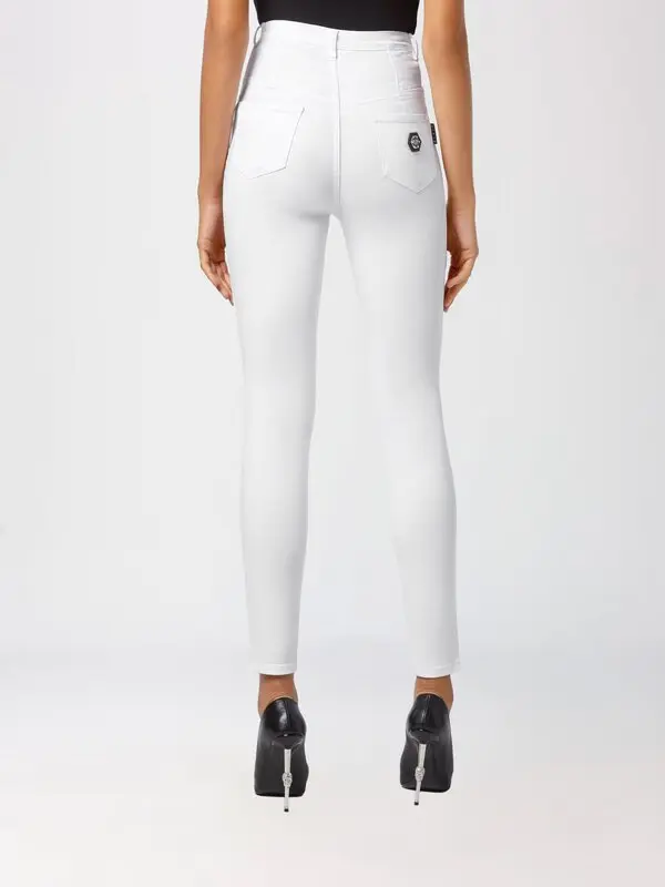 Philipp Plein High-waisted Skinny Cropped Jeans In Stretch With Logo - White