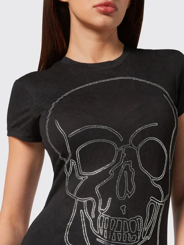 Philipp Plein Slim Fit Cotton T-shirt With Skull Print And Rhinestones - White 1