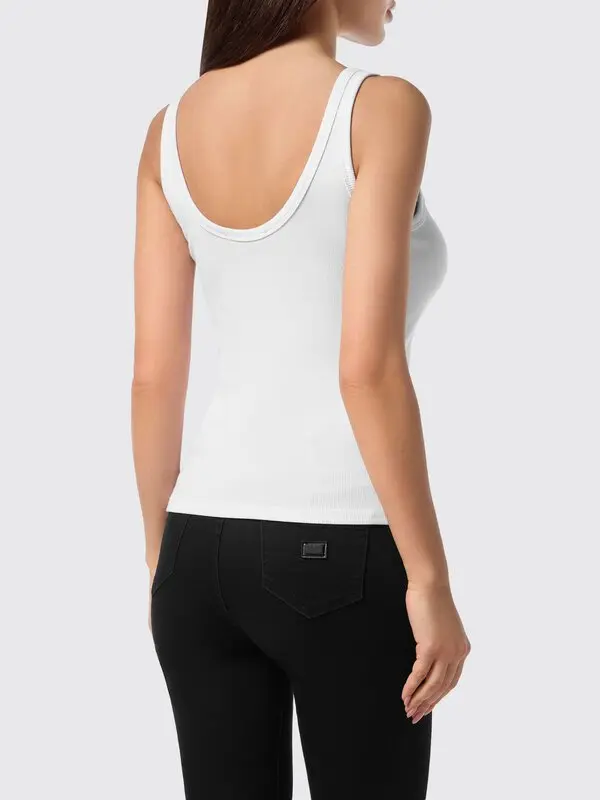 Philipp Plein Sleeveless Slim Fit Ribbed Cotton Blend Top With Logo - White