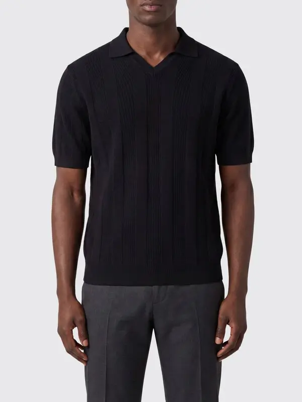 KANGRA Short-sleeved V-neck Viscose Knit Polo Shirt With Ribbed Trims - Black